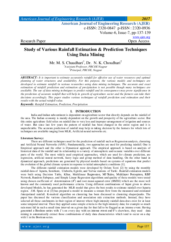 (PDF) Study of Various Rainfall Estimation & Prediction Techniques Using Data Mining