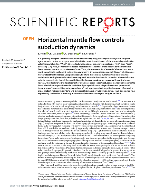 (PDF) Horizontal mantle flow controls subduction dynamics OPEN