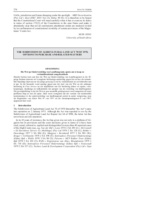 (PDF) The Subdivision of Agricultural Land Act 70 of 1970, options to ...