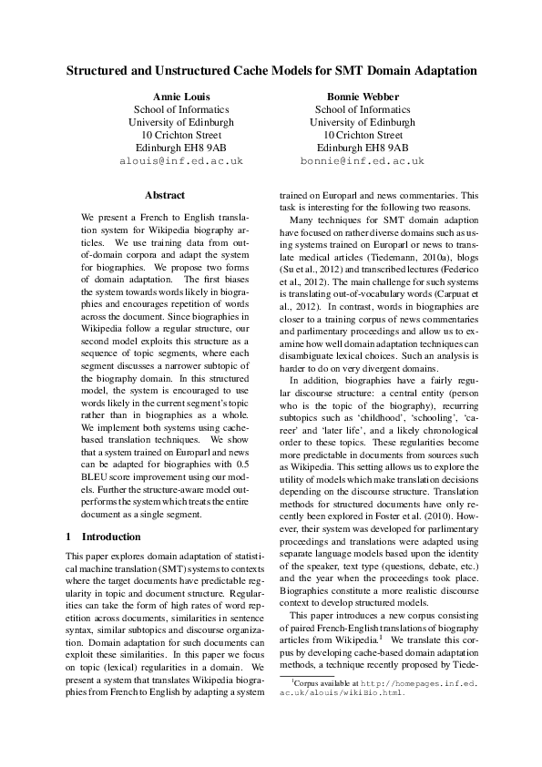 (PDF) Structured and Unstructured Cache Models for SMT Domain Adaptation
