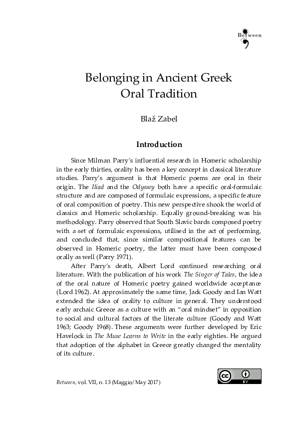 (PDF) Belonging in Ancient Greek Oral Tradition, Longing and Belonging ...