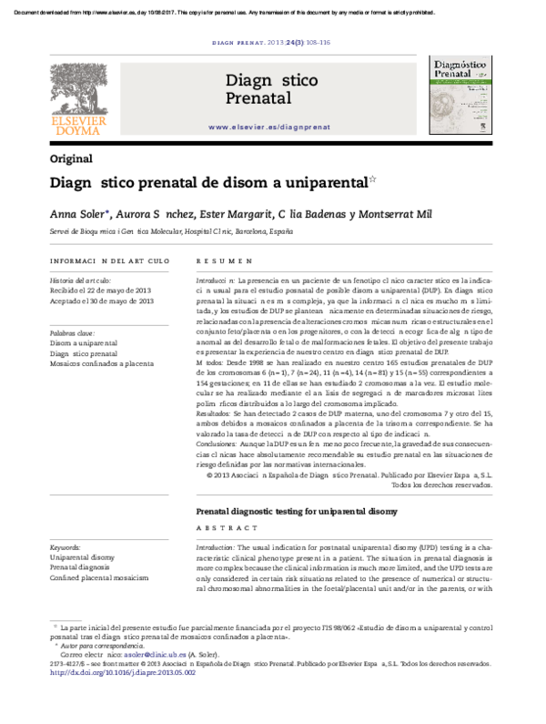 (PDF) Diagnóstico prenatal de disomía uniparental