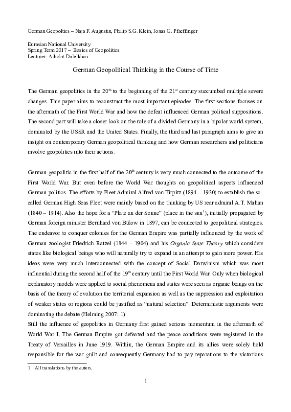 (PDF) German Geopolitical Thinking in the Course of Time