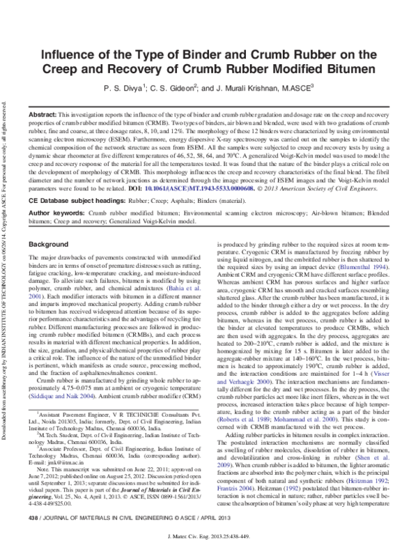 Pdf Influence Of The Type Of Binder And Crumb Rubber On The Creep And Recovery Of Crumb Rubber