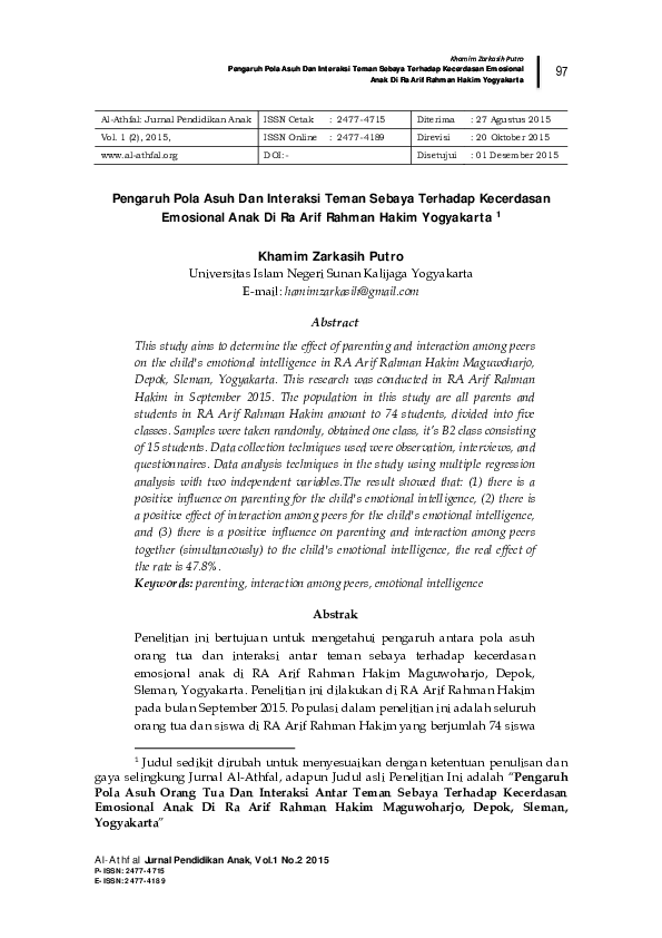 (PDF) Pengaruh Pola Asuh Dan Interaksi Teman Sebaya Terhadap Kecerdasan Emosional Anak Di Ra ...