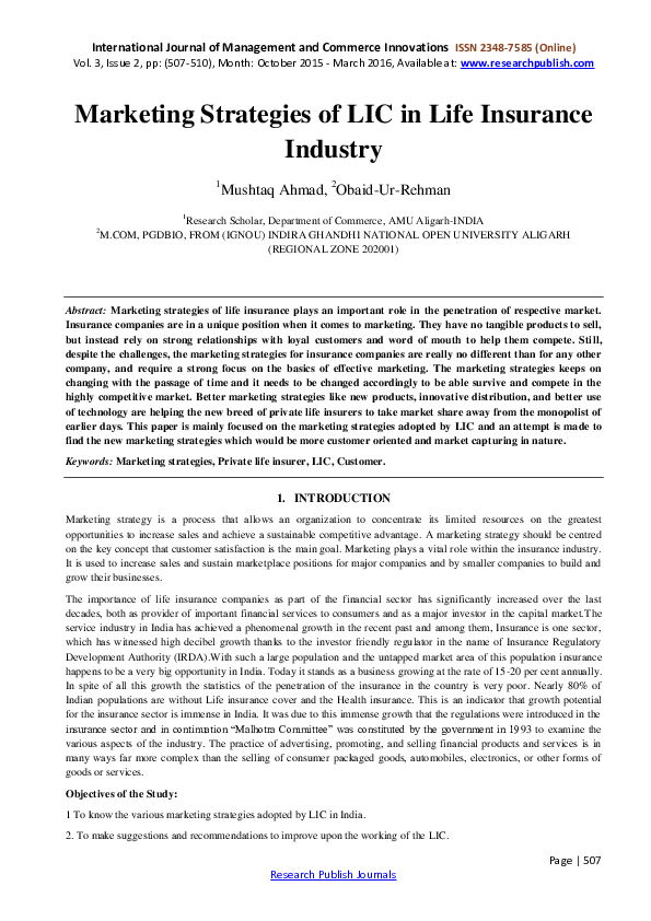 (PDF) Marketing Strategies of LIC in Life Insurance Industry