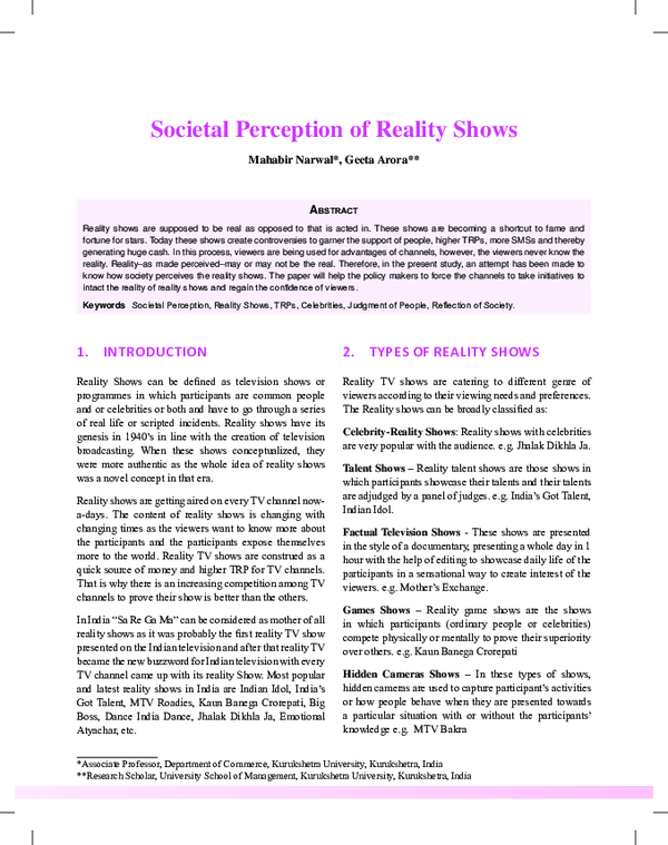 (PDF) Societal Perception of Reality Shows
