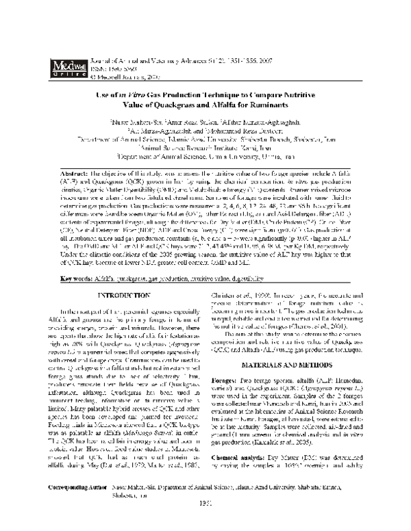(PDF) Use of in Vitro Gas Production Technique to Compare Nutritive ...
