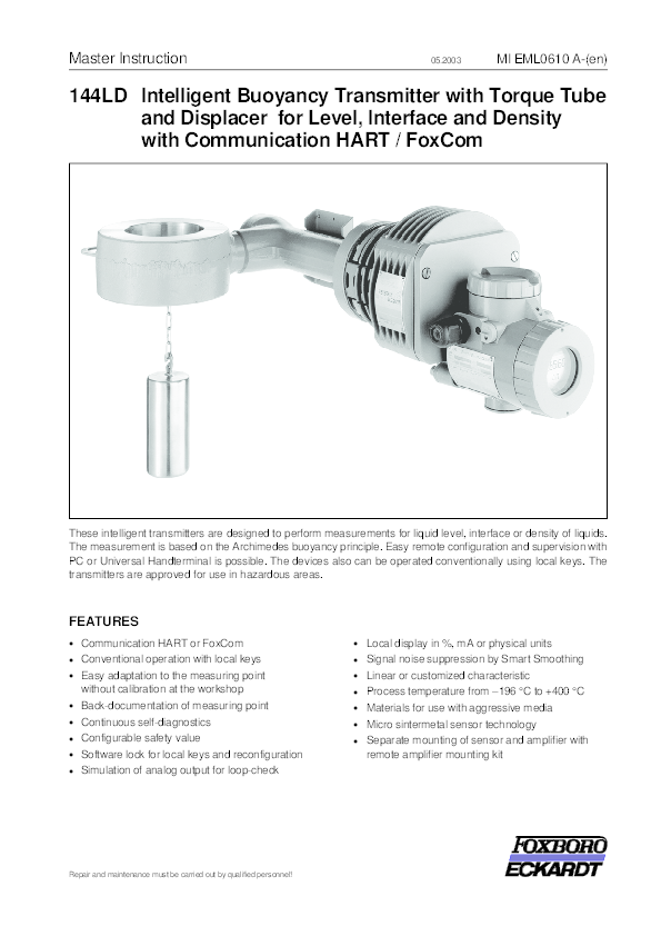 (PDF) 44LD Intelligent Buoyancy Transmitter with Torque Tube and ...