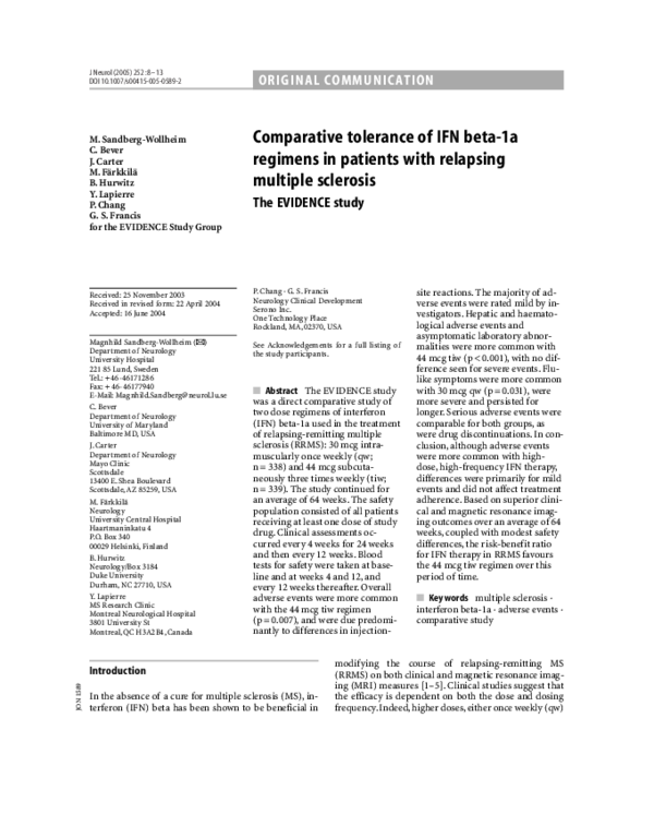 (PDF) Comparative tolerance of IFN beta-1a regimens in patients with ...