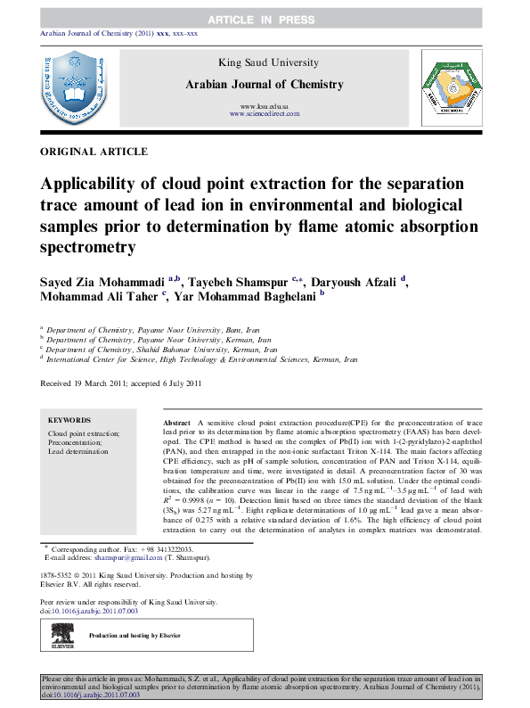 Pdf Applicability Of Cloud Point Extraction For The Separation Trace Amount Of Lead Ion In