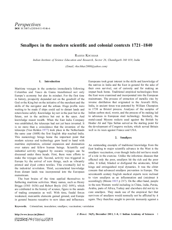 (PDF) Smallpox in the modern scientific and colonial contexts 1721–1840