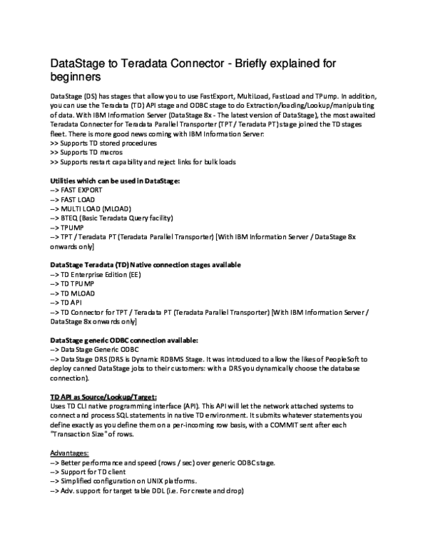 Doc Datastage To Teradata Connector Briefly Explained For Beginners