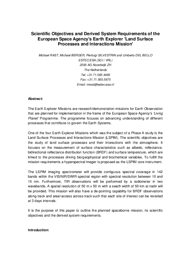 (PDF) Scientific objectives and derived system requirements of the ...