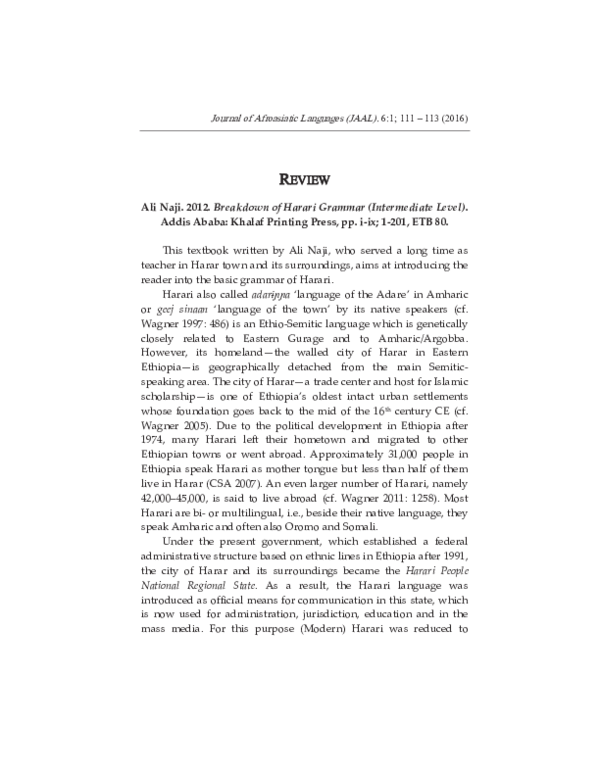 (PDF) Review Ali Naji. 2012. Breakdown of Harari Grammar (Intermediate ...