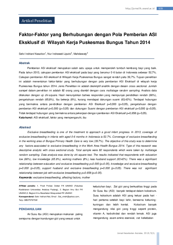(PDF) Faktor-Faktor yang Berhubungan dengan Pola Pemberian ASI Eksklusif di Wilayah Kerja ...