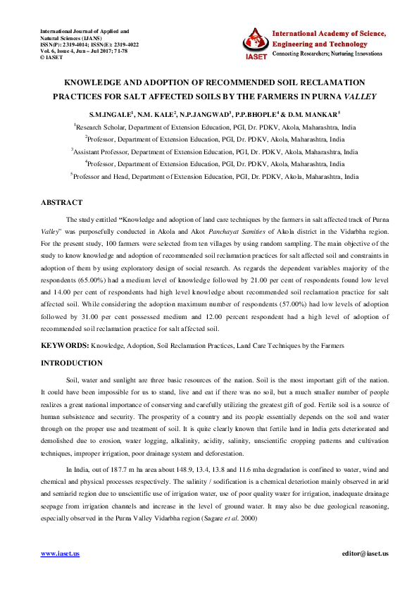 (PDF) KNOWLEDGE AND ADOPTION OF RECOMMENDED SOIL RECLAMATION PRACTICES FOR SALT AFFECTED SOILS ...