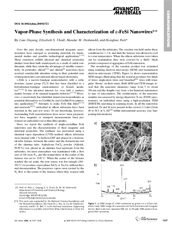 (PDF) Vapor-Phase Synthesis and Characterization of ε-FeSi Nanowires