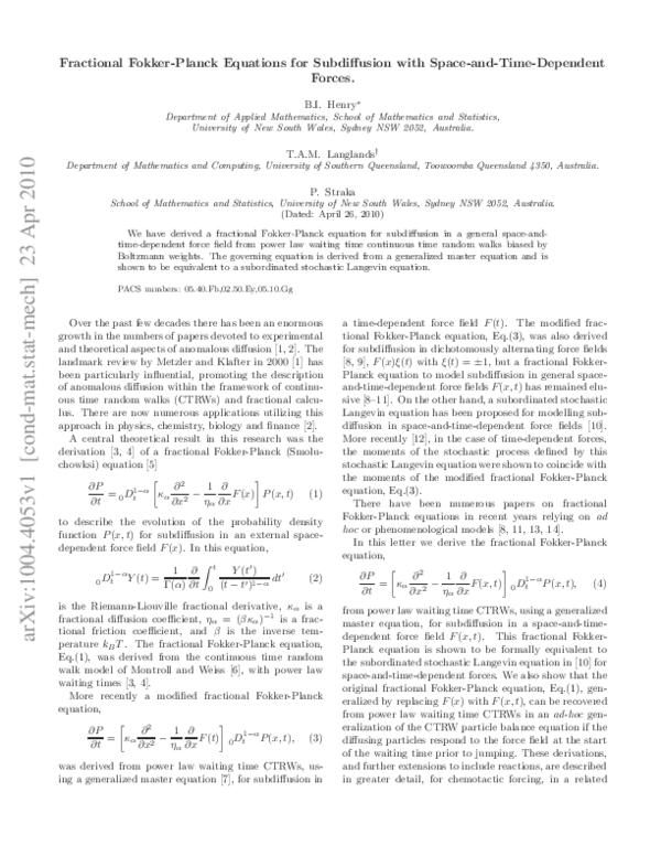 (PDF) Fractional Fokker-Planck Equations for Subdiffusion with Space- and Time-Dependent Forces