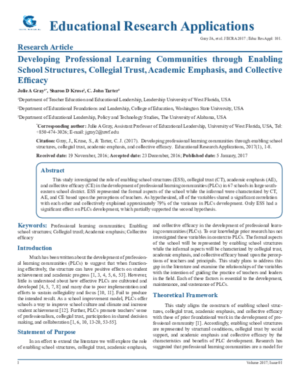 (PDF) Developing Professional Learning Communities through Enabling School Structures, Collegial ...