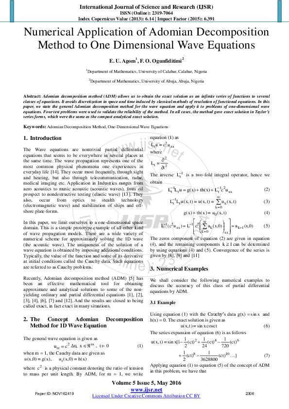 Pdf Numerical Application Of Adomian Decomposition Method To One Dimensional Wave Equations