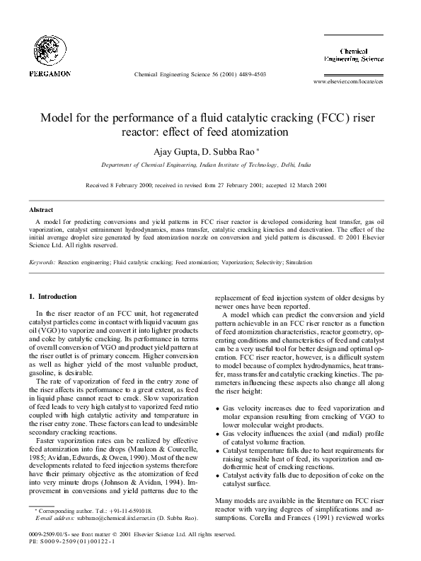 (PDF) Model for the performance of a fluid catalytic cracking (FCC ...