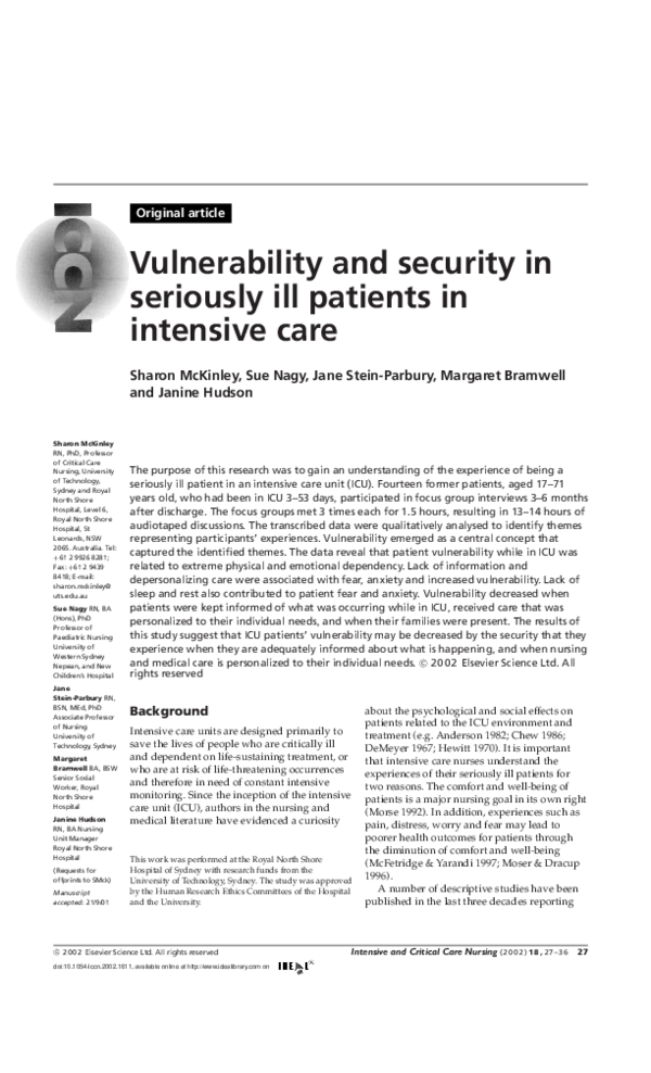 (PDF) Vulnerability and security in seriously ill patients in intensive ...