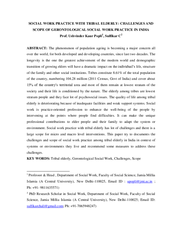 (PDF) SOCIAL WORK PRACTICE WITH TRIBAL ELDERLY: CHALLENGES AND SCOPE OF ...