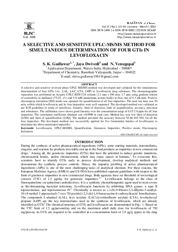 (PDF) A SELECTIVE AND SENSITIVE UPLC-MS/MS METHOD FOR SIMULTANEOUS DETERMINATION OF FOUR GTIs IN ...