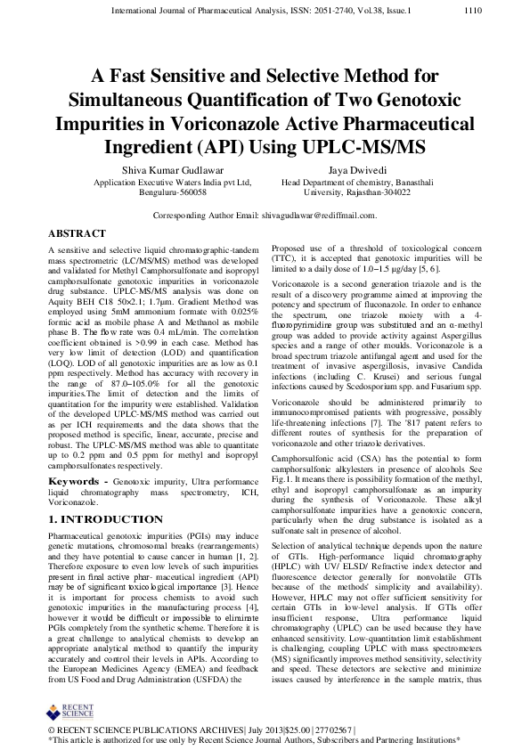 Pdf A Fast Sensitive And Selective Method For Simultaneous Quantification Of Two Genotoxic