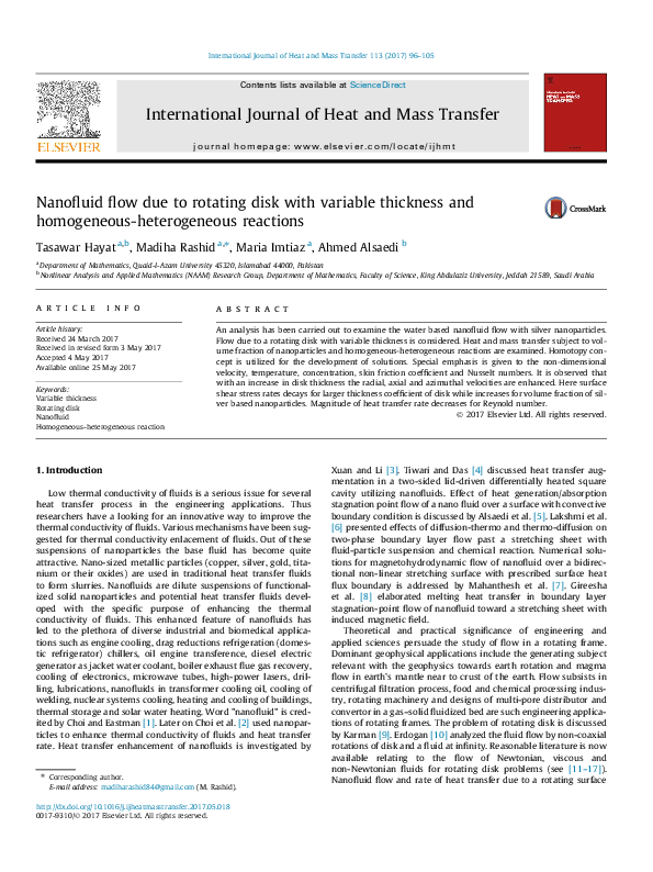 (PDF) Nanofluid flow due to rotating disk with variable thickness and homogeneous-heterogeneous ...
