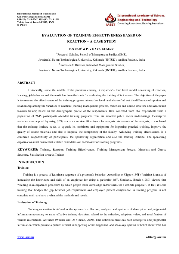 (PDF) EVALUATION OF TRAINING EFFECTIVENESS BASED ON REACTION – A CASE STUDY