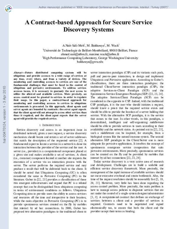 (PDF) A Contract-based Approach for Secure Service Discovery Systems | Maxime Wack - Academia.edu