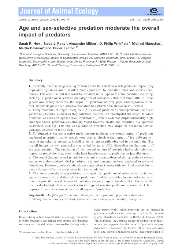 Pdf Age And Sex Selective Predation Moderate The Overall Impact Of