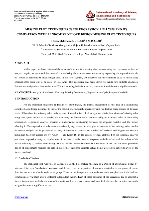MISSING PLOT TECHNIQUES USING REGRESSION ANALYSIS AND ITS COMPARISON WITH RANDOMIZED BLOCK ...