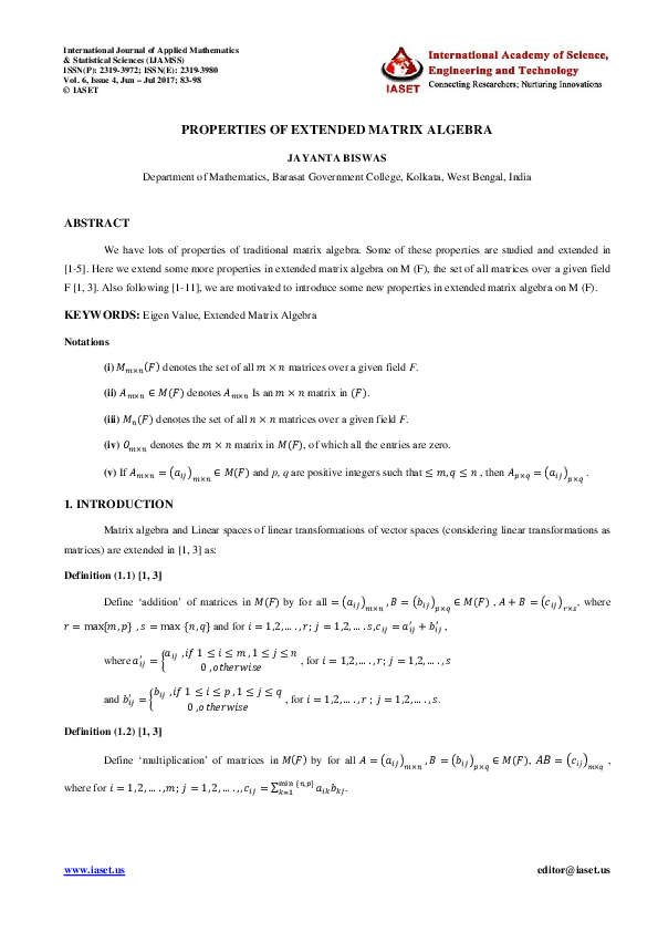 (PDF) PROPERTIES OF EXTENDED MATRIX ALGEBRA