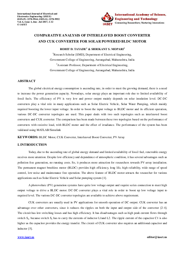 (PDF) COMPARATIVE ANALYSIS OF INTERLEAVED BOOST CONVERTER AND CUK CONVERTER FOR SOLAR POWERED ...