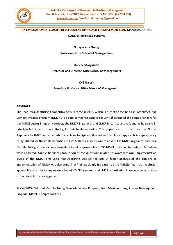 (PDF) AN EVALUATION OF CLUSTER DEVELOPMENT APPROACH TO IMPLEMENT LEAN MANUFACTURING ...