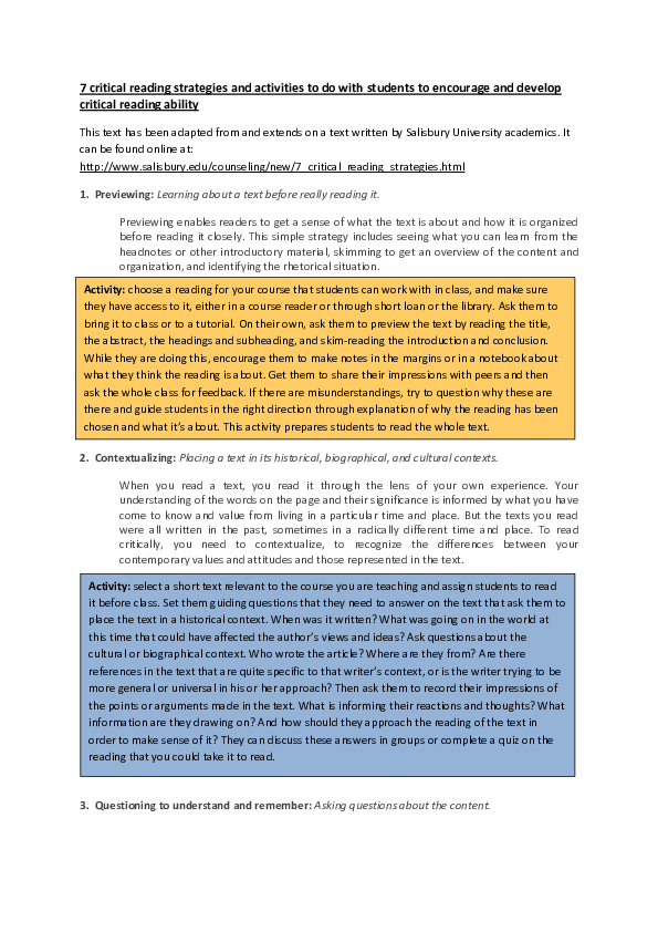 (PDF) 7 critical reading strategies and activities to do with students ...