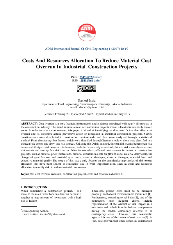 (PDF) Costs And Resources Allocation To Reduce Material Cost Overrun In ...