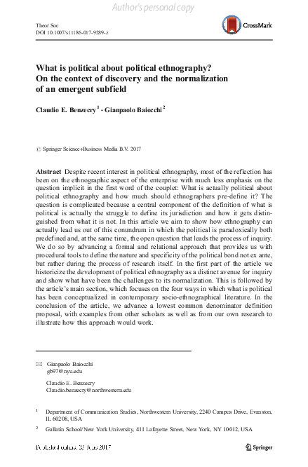 (PDF) The Political in Political Ethnography. On the context of ...