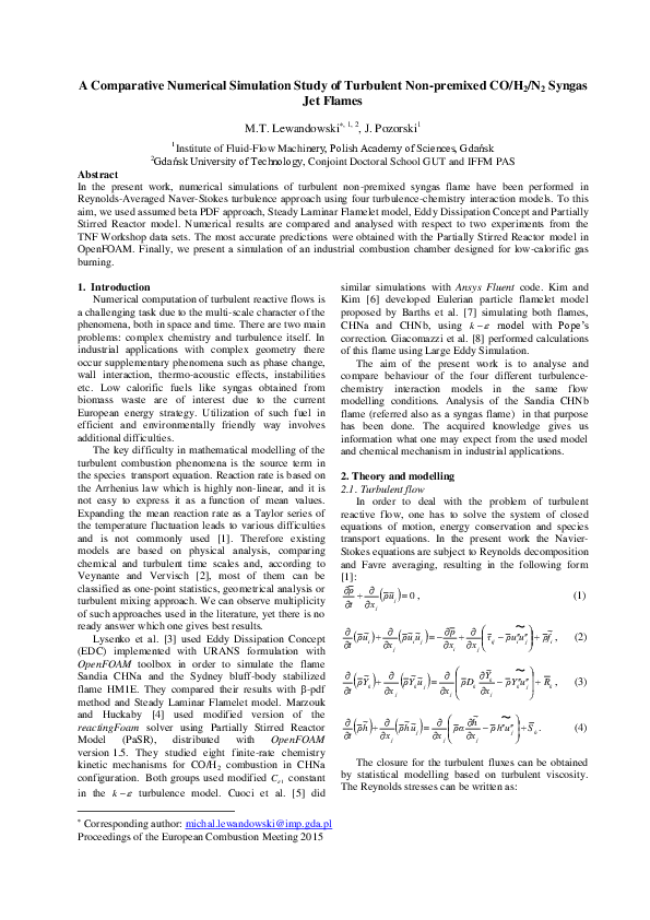 (PDF) A Comparative Numerical Simulation Study of Turbulent Non-premixed CO/H2/N2 Syngas Jet Flames