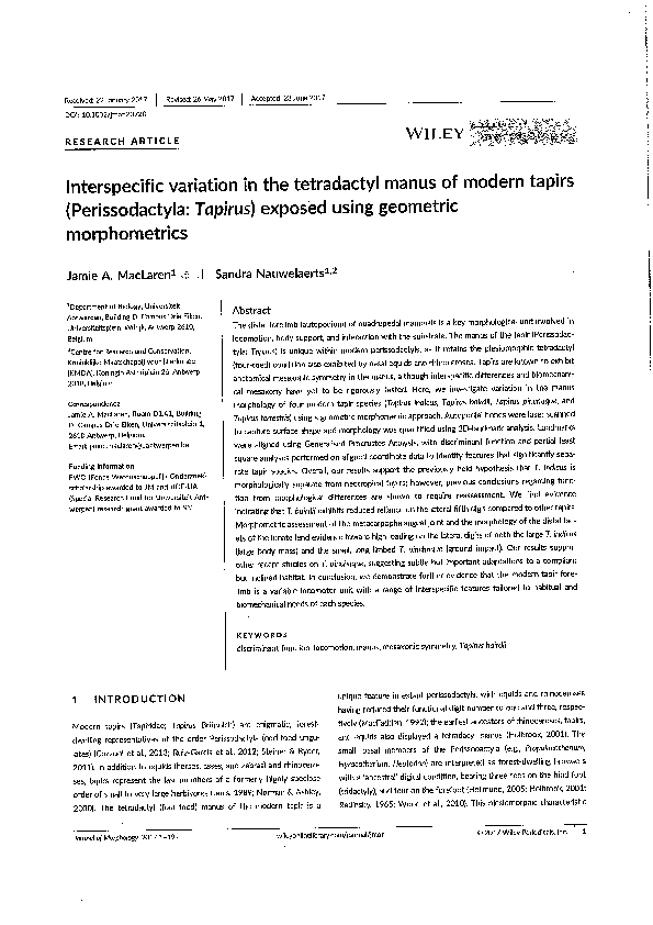 (PDF) Interspecific variation in the tetradactyl manus of modern tapirs ...