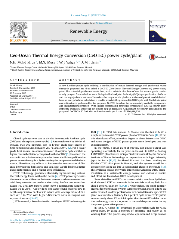 (PDF) Geo-Ocean Thermal Energy Conversion (GeOTEC) power cycle/plant
