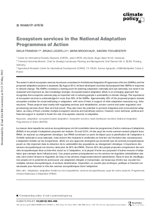 (PDF) Ecosystem services in the National Adaptation Programmes of Action