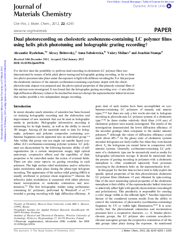 (PDF) Dual photorecording on cholesteric azobenzene-containing LC polymer films using helix ...