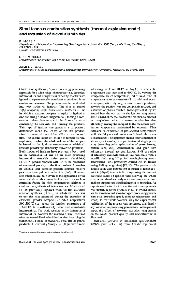 (PDF) Simultaneous combustion synthesis (thermal explosion mode) and ...