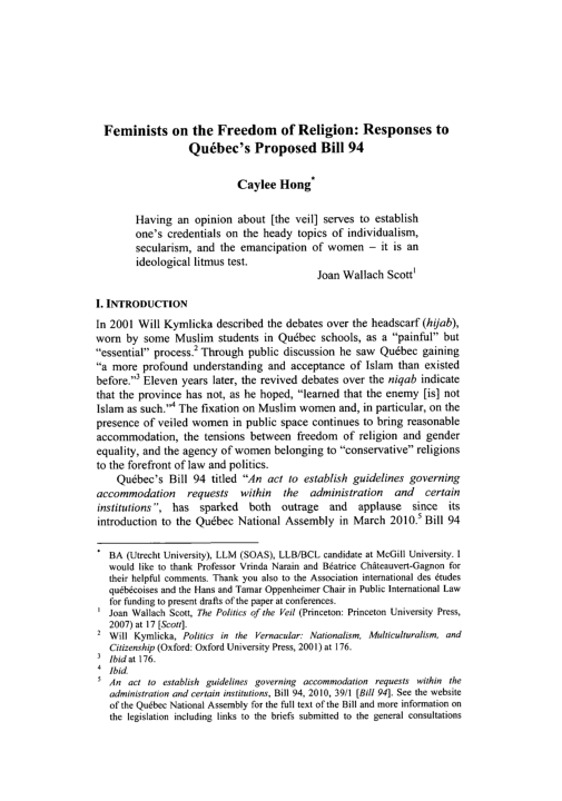 (PDF) Feminists on the Freedom of Religion: Responses to Quebec's ...