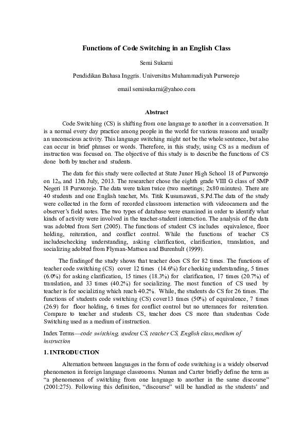 Doc Functions Of Code Switching In An English Class