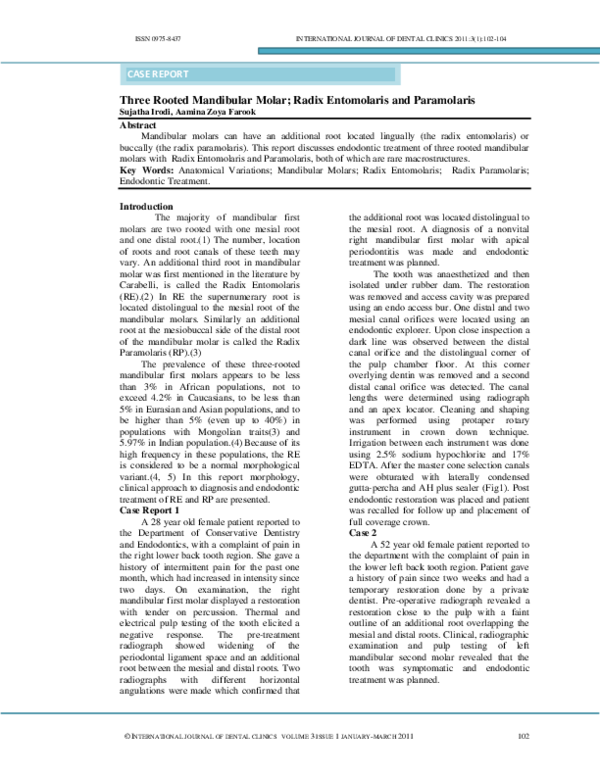 (PDF) Three Rooted Mandibular Molar; Radix Entomolaris and Paramolaris